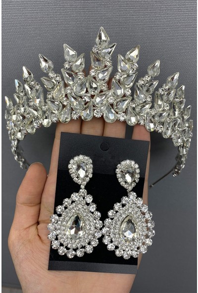 Limelia Gümüş Renk Damla Subra Gelin Tacı ve Küpe Limelia Gümüş Renk Damla Subra Gelin Tacı ve Küpe