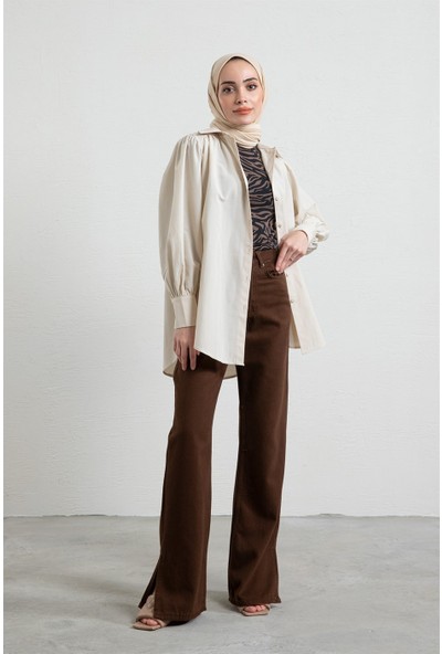 Yırtmaçlı Gabardin Pantolon Acı Kahverengi