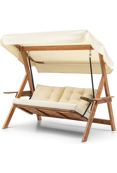 Hier Swing Üç Kişilik Ahşap Salıncak Dış Mekan Bahçe Balkon ve Teras Salıncağı Krem