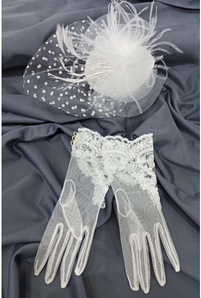 Limelia Beyaz Dantelli Tül Eldiven-Puantiyeli Vualet Nikah Şapkası Limelia Beyaz Dantelli Tül Eldiven-Puantiyeli Vualet Nikah Şapkası