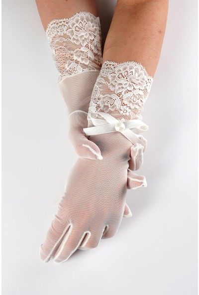 Limelia Beyaz Dantel ve Fiyonklu Gelin Eldiveni