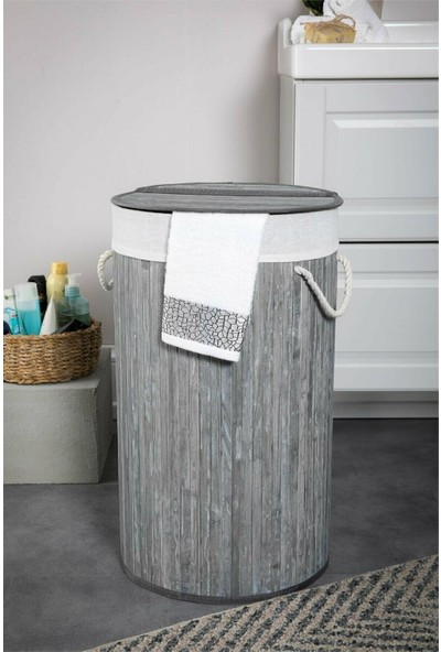 Fiza Katlanır Oval Bambu Çamaşır Kirli Sepeti Şık Dekor Banyo