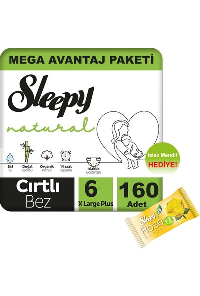 Sleepy Natural Bebek Bezi Mega Avantaj Paketi 6 Numara 160'LI 15 - 25 kg + Islak Mendil Sleepy Natural Bebek Bezi Mega Avantaj Paketi 6 Numara 160'LI 15 - 25 kg + Islak Mendil