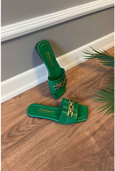 Remix Etta Yeşil Düz Zincir Kemerli Terlik