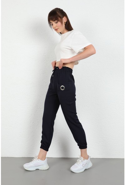 Atlas Kumaş Bilek Boy Beli Lastikli Jogger Kadın Pantolon