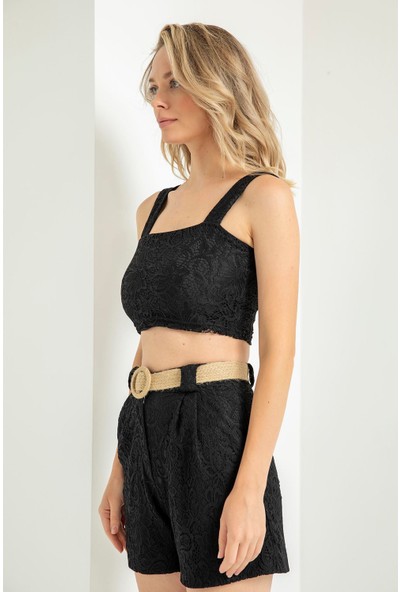 Dantel Kumaş Kolsuz Ip Askılı Kadın Crop
