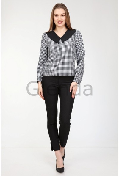 Siyah Ekoseli Yaka Detaylı Bluz Siyah - 36