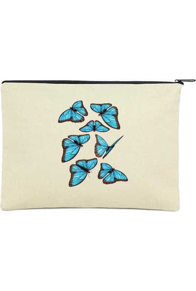 Cekuonline Mavi Kelebekler Baskılı Clutch Canvas Günlük / Makyaj / El Çantası Cekuonline Mavi Kelebekler Baskılı Clutch Canvas Günlük / Makyaj / El Çantası