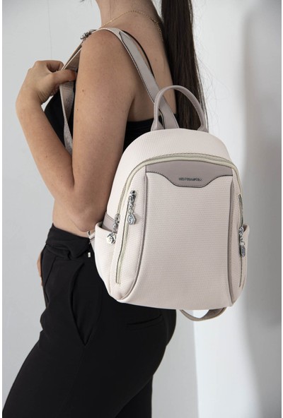 Silver Polo Bej Tek Bölmeli Kadın Sırt Çantası SP906