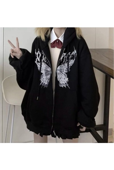 Touz Moda Touz Harajuku Butterfly Siyah (Unisex) Fermuarlı Kapşonlu Touz Moda Touz Harajuku Butterfly Siyah (Unisex) Fermuarlı Kapşonlu