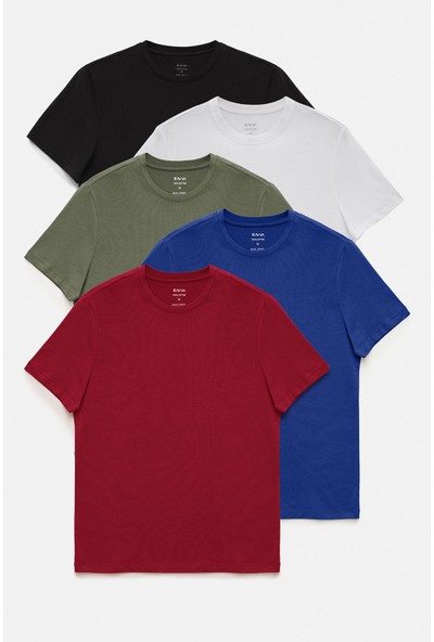 AVVA 5'li Bisiklet Yaka Düz T-Shirt_beyaz-Siyah-Saks-Kırmızı-Haki