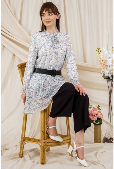 Markosin Kadın Çiçek Desenli Kemer Detaylı Bol Kesim Tunik AT8005