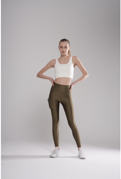 Mdz Collectıon Parlak Cepli Haki Yeşil Tayt