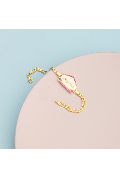 925 Ayar Gümüş Kişiye Özel Fuşya Taş Çerçeveli Bulut Çocuk Bilekliği