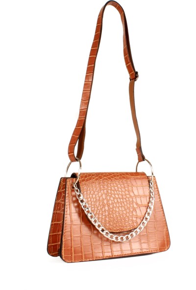 Kadın Timsah Desenli Deri Zincir ve Omuz Askılı Kapaklı El ve Omuz Çantası (20654)