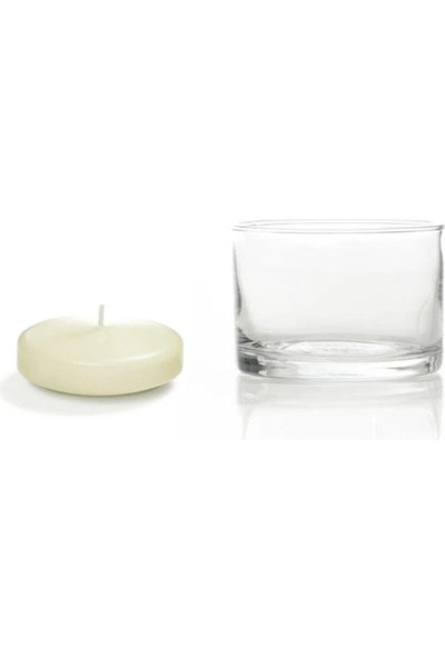 Büyük Şeffaf Cam Mumluk + 12 Adet Çap 7 cm Yüzen Mum Krem
