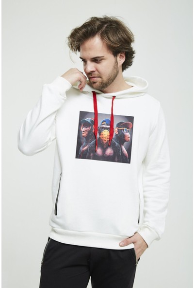 Pepp Jeans 3 Maymun Baskılı,kapüşonlu, Çift Fermuar Cepli Krem Erkek Sweatshirt Pepp Jeans 3 Maymun Baskılı,kapüşonlu, Çift Fermuar Cepli Krem Erkek Sweatshirt