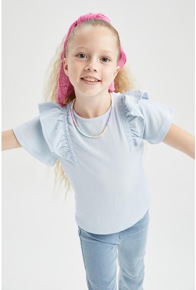 DeFacto Kız Çocuk Bisiklet Yaka Kısa Kollu Volanlı Tişört X7378A622HS