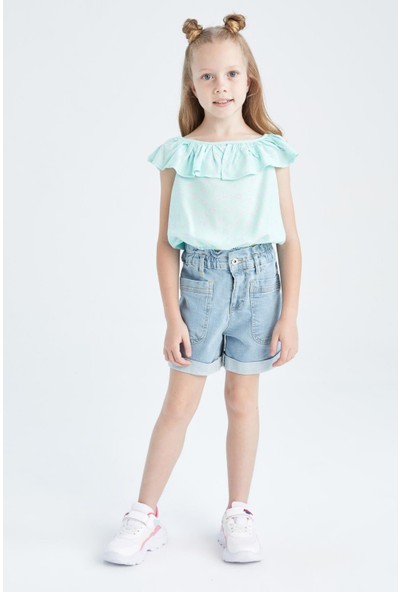 DeFacto Kız Çocuk Coool Regular Fit Çiçek Desenli Volanlı Kısa Kollu Poplin Bluz W8821A622SM