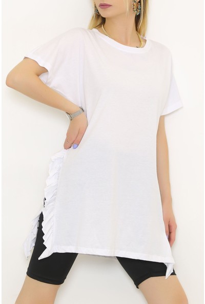 Yanları Fırfırlı Tişört Beyaz