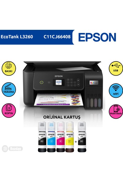 Epson Ecotank L3260 Renkli Tanklı Yazıcı Baskı-Tarama- Kopya - ( Usb, Wifi, Wi-Fi Direct ) + Orijinal Epson 4 x 65 ml + 1 Mürekkep C11CJ66408 Epson Ecotank L3260 Renkli Tanklı Yazıcı Baskı-Tarama- Kopya - ( Usb, Wifi, Wi-Fi Direct ) + Orijinal Epson 4 x 65 ml + 1 Mürekkep C11CJ66408