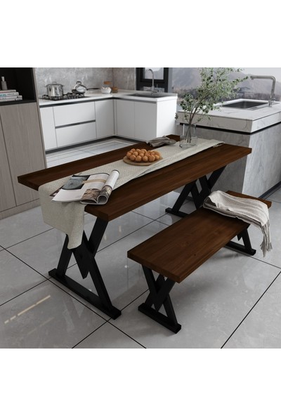 Woodesk Akasya Masif Ceviz Renk 180X80 Banklı Yemek Masası CPT7600-180