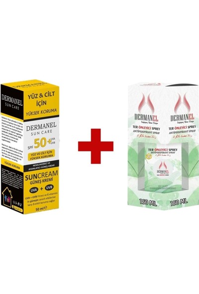 Dermanel Nemlendirici ve Aydınlatıcı Spf 50+ Güneş Kremi + Ter ve Koku Önleyici Sprey Dermanel Nemlendirici ve Aydınlatıcı Spf 50+ Güneş Kremi + Ter ve Koku Önleyici Sprey