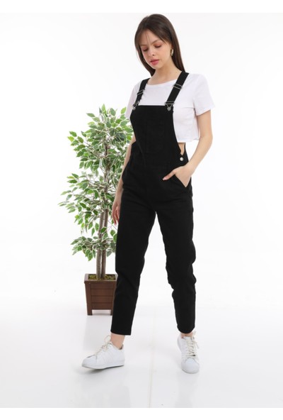 Çeçim Siyah Kadın Denim Bahçıvan Salopet Tulum ZYN-58156