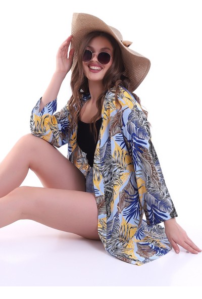 Çeçim Beyaz Kadın Desenli Geniş Kol Viskon Kimono ZYN-58043