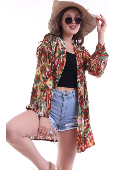 Çeçim Beyaz Kadın Desenli Geniş Kol Viskon Kimono ZYN-58043