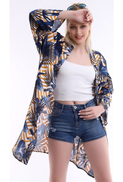Çeçim Beyaz Kadın Desenli Geniş Kol Viskon Kimono ZYN-58043