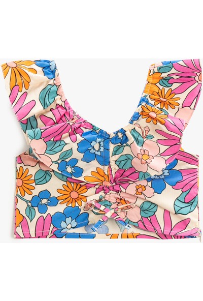 Koton Çiçekli Crop Bluz Fırfırlı Düşük Omuz Pamuklu