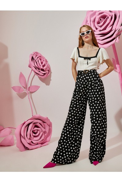 Koton Rachel Araz x Koton - Yüksek Bel Bol Paça Puantiyeli Pantolon