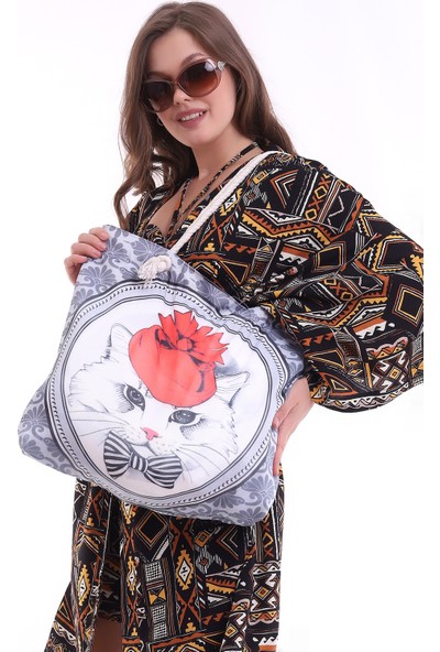 Çeçim Pembe Kadın Desenli Fermuarlı Plaj Çantası YSM-58247