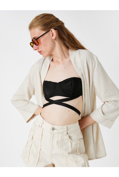 Koton Kısa Kimono Uzun Kollu Keten Karışımlı