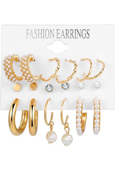 Chavin 9 Çift Gold Inci ve Taşlı Halka Bayan Küpe Seti ES23 Chavin 9 Çift Gold Inci ve Taşlı Halka Bayan Küpe Seti ES23