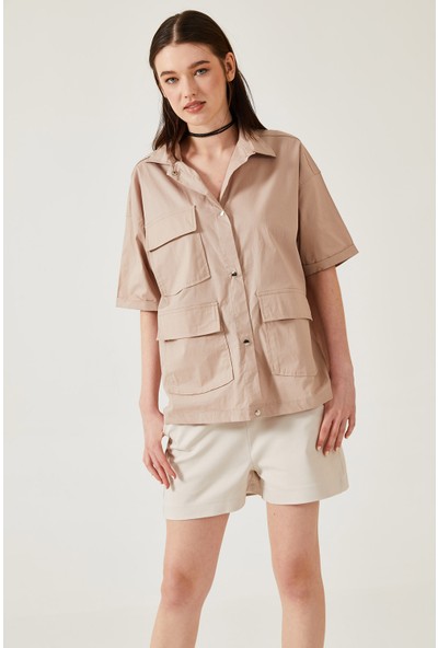 Oshebu Kadın Çok Cepli Oversize Gömlek
