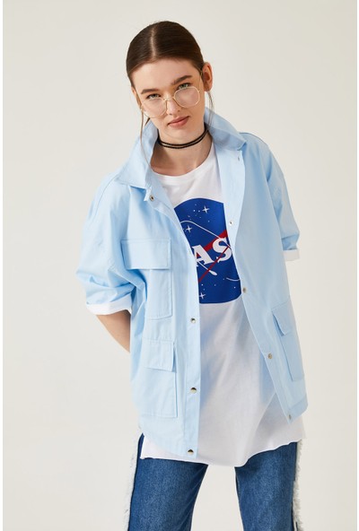 Oshebu Kadın Çok Cepli Oversize Gömlek