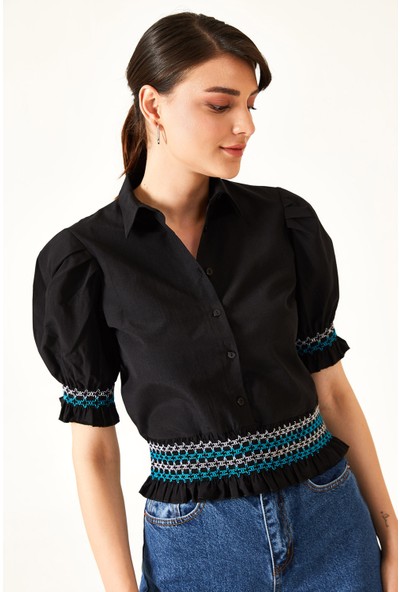Oshebu Kadın Nakış Işlemeli Balon Kollu Gömlek