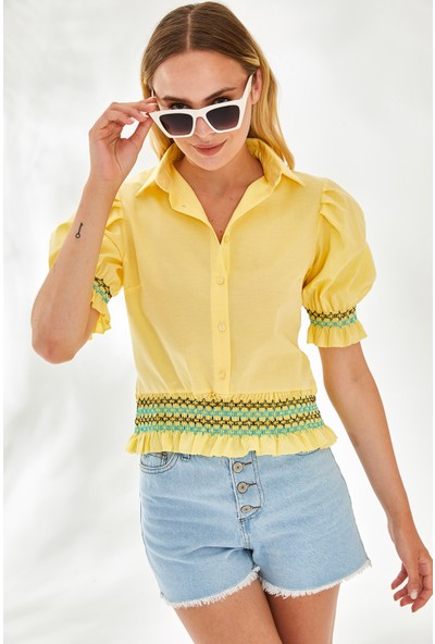 Oshebu Kadın Nakış Işlemeli Balon Kollu Gömlek
