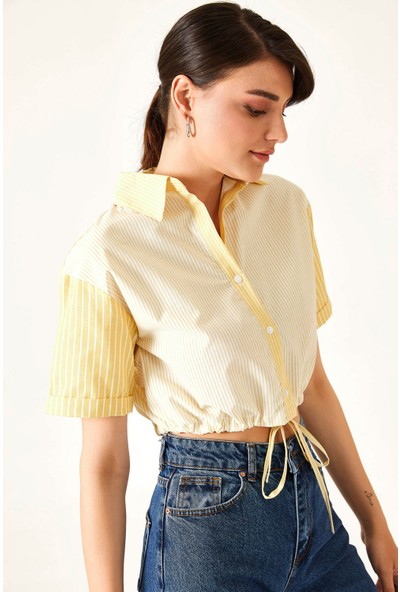 Oshebu Kadın Çizgili Kısa Kollu Gömlek Oshebu Kadın Çizgili Kısa Kollu Gömlek