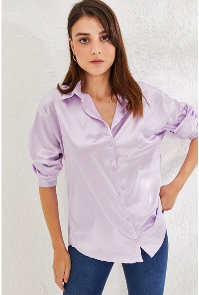 Oshebu Kadın Rahat Kalıp Saten Gömlek