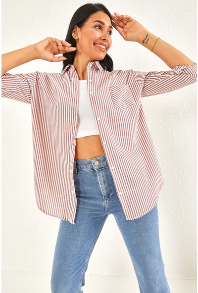 Oshebu Kadın Çizgili Krinkıl Gömlek Oshebu Kadın Çizgili Krinkıl Gömlek