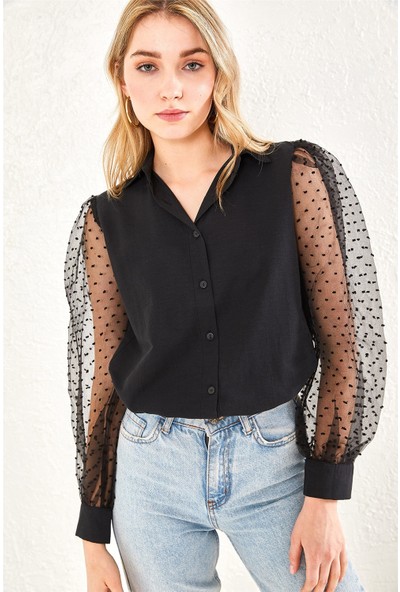 Oshebu Sırtı ve Kolları Tül Detaylı Gömlek