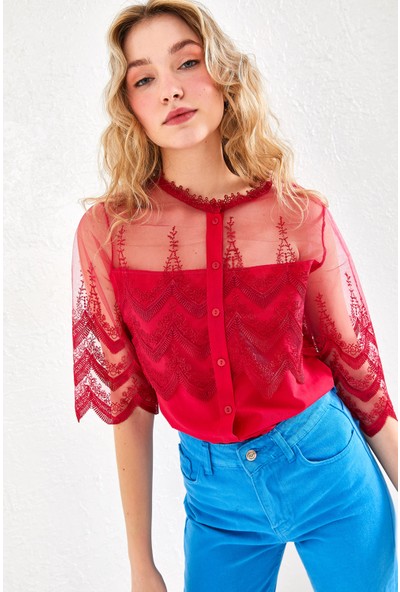 Oshebu Nakışlı Tül Gömlek