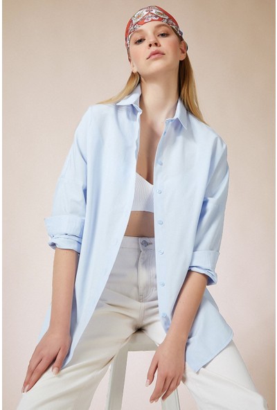 Hazelin Kadın Gök Mavi Oversize Uzun Basic Gömlek HZL22W-BD139001 Hazelin Kadın Gök Mavi Oversize Uzun Basic Gömlek HZL22W-BD139001