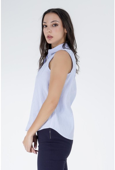 CZ London Kadın Kolsuz Gömlek Beyaz Mavi Çizgili
