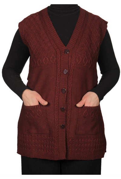 Kalite Hanem Büyük Beden Kadın Bordo Düğmeli Yelek