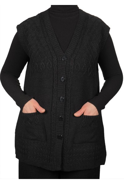 Kalite Hanem Büyük Beden Kadın Siyah Düğmeli Yelek