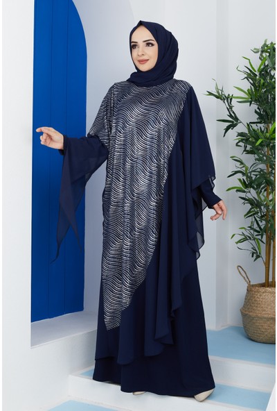 İmaj Butik Büyük Beden Pelerinli Tesettür Abiye/lacivert